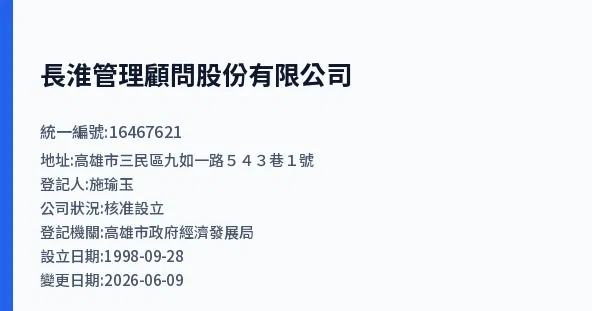 長淮管理顧問股份有限公司的照片-統編 16467621(高雄市) 公司登記資料與營業項目詳細圖表