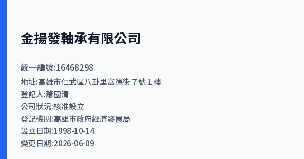 金揚發軸承有限公司的照片-統編 16468298(高雄市) 公司登記資料與營業項目詳細圖表