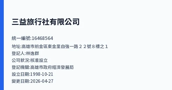 三益旅行社有限公司的照片-統編 16468564(高雄市) 公司登記資料與營業項目詳細圖表