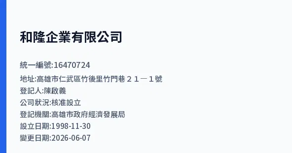和隆企業有限公司的照片-統編 16470724(高雄市) 公司登記資料與營業項目詳細圖表
