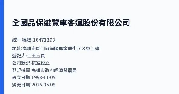 全國品保遊覽車客運股份有限公司的照片-統編 16471293(高雄市) 公司登記資料與營業項目詳細圖表