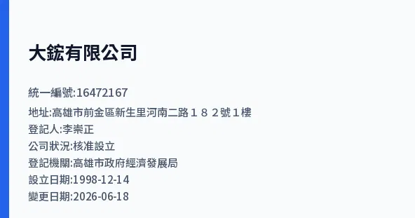 大鋐有限公司的照片-統編 16472167(高雄市) 公司登記資料與營業項目詳細圖表