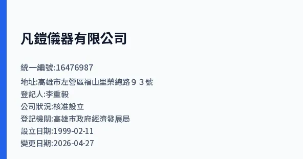 凡鎧儀器有限公司的照片-統編 16476987(高雄市) 公司登記資料與營業項目詳細圖表