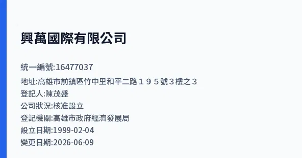 興萬國際有限公司的照片-統編 16477037(高雄市) 公司登記資料與營業項目詳細圖表