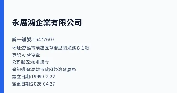 永展鴻企業有限公司的照片-統編 16477607(高雄市) 公司登記資料與營業項目詳細圖表