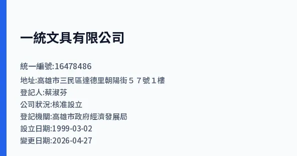 一統文具有限公司的照片-統編 16478486(高雄市) 公司登記資料與營業項目詳細圖表