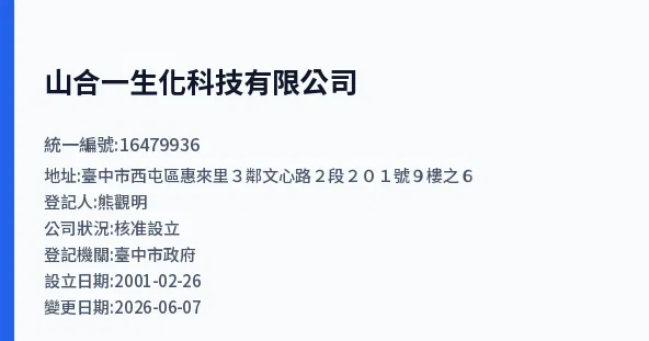 山合一生化科技有限公司的照片-統編 16479936(臺中市) 公司登記資料與營業項目詳細圖表
