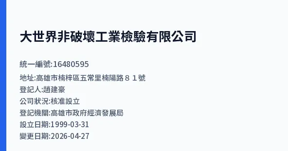 大世界非破壞工業檢驗有限公司的照片-統編 16480595(高雄市) 公司登記資料與營業項目詳細圖表