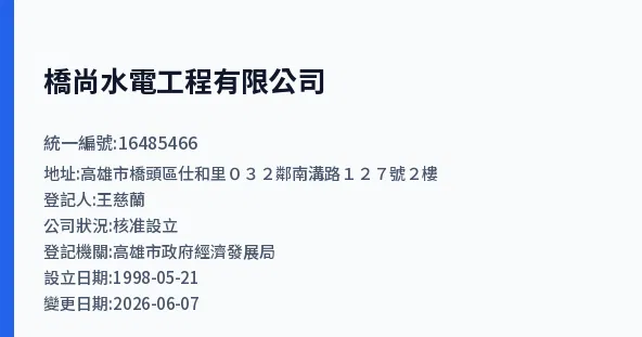 橋尚水電工程有限公司的照片-統編 16485466(高雄市) 公司登記資料與營業項目詳細圖表