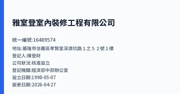 雅室登室內裝修工程有限公司的照片-統編 16489574(基隆市) 公司登記資料與營業項目詳細圖表