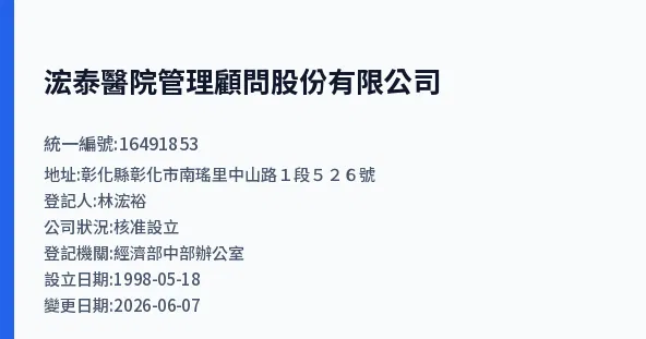 浤泰醫院管理顧問股份有限公司的照片-統編 16491853(彰化縣) 公司登記資料與營業項目詳細圖表