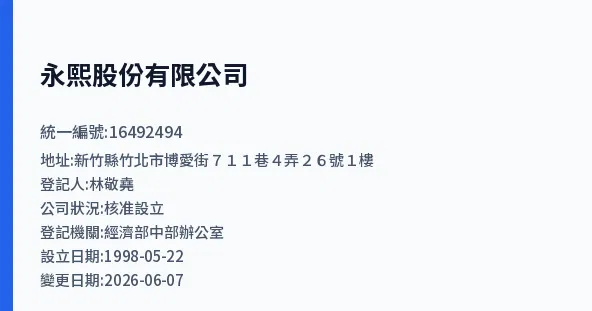 永熙股份有限公司的照片-統編 16492494(新竹縣) 公司登記資料與營業項目詳細圖表