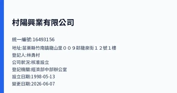 村陽興業有限公司的照片-統編 16493156(苗栗縣) 公司登記資料與營業項目詳細圖表