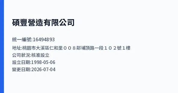 碩豐營造有限公司的照片-統編 16494893 公司登記資料與營業項目詳細圖表