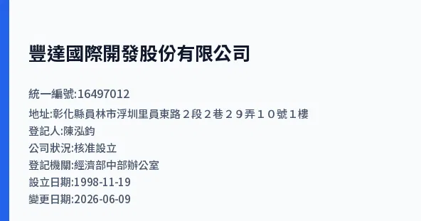 豐達國際開發股份有限公司的照片-統編 16497012(彰化縣) 公司登記資料與營業項目詳細圖表