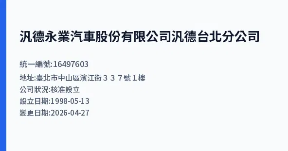 汎德永業汽車股份有限公司汎德台北分公司的照片-統編 16497603(臺北市) 公司登記資料與營業項目詳細圖表