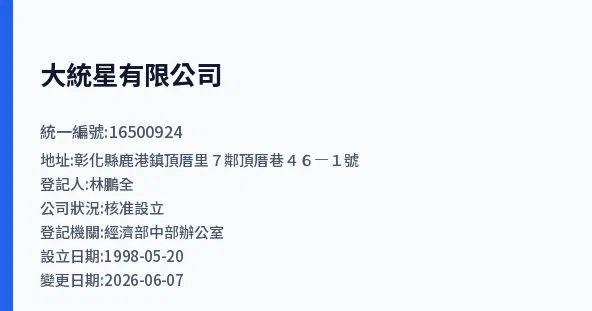 大統星有限公司的照片-統編 16500924(彰化縣) 公司登記資料與營業項目詳細圖表