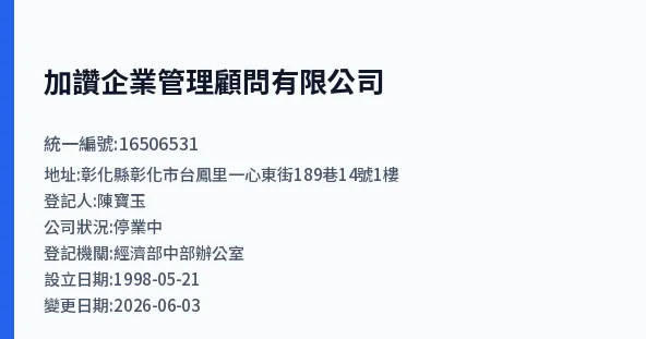 加讚企業管理顧問有限公司的照片-統編 16506531(彰化縣) 公司登記資料與營業項目詳細圖表