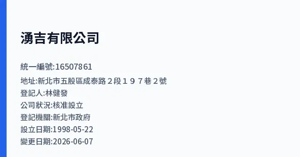 湧吉有限公司的照片-統編 16507861(新北市) 公司登記資料與營業項目詳細圖表