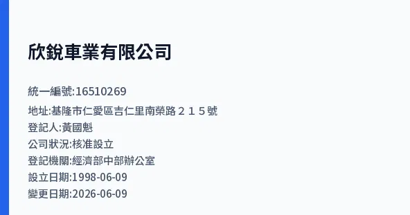 欣銳車業有限公司的照片-統編 16510269(基隆市) 公司登記資料與營業項目詳細圖表
