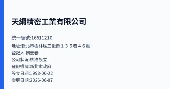 天綱精密工業有限公司的照片-統編 16511210(新北市) 公司登記資料與營業項目詳細圖表