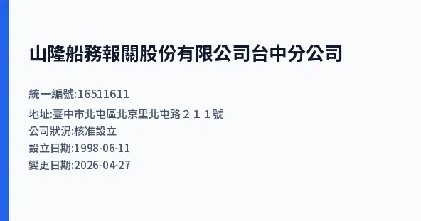 山隆船務報關股份有限公司台中分公司的照片-統編 16511611(臺中市) 公司登記資料與營業項目詳細圖表