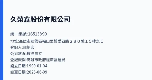 久榮鑫股份有限公司的照片-統編 16513890(高雄市) 公司登記資料與營業項目詳細圖表