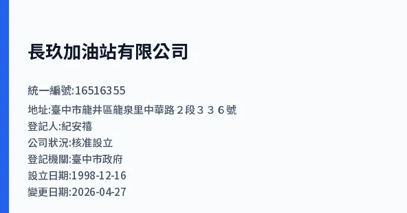 長玖加油站有限公司的照片-統編 16516355(臺中市) 公司登記資料與營業項目詳細圖表