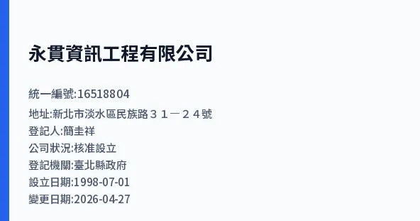 永貫資訊工程有限公司的照片-統編 16518804(新北市) 公司登記資料與營業項目詳細圖表