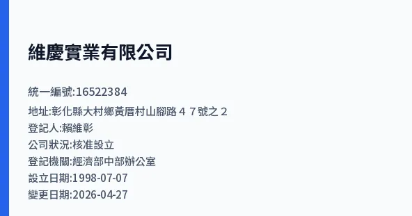 維慶實業有限公司的照片-統編 16522384(彰化縣) 公司登記資料與營業項目詳細圖表