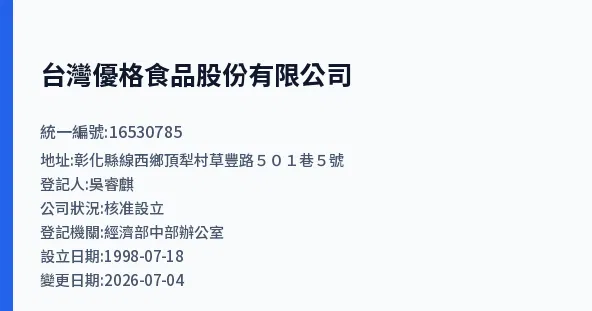 台灣優格食品股份有限公司的照片-統編 16530785(彰化縣) 公司登記資料與營業項目詳細圖表