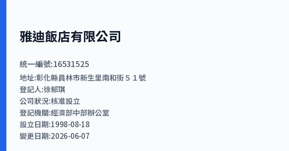 雅迪飯店有限公司的照片-統編 16531525(彰化縣) 公司登記資料與營業項目詳細圖表