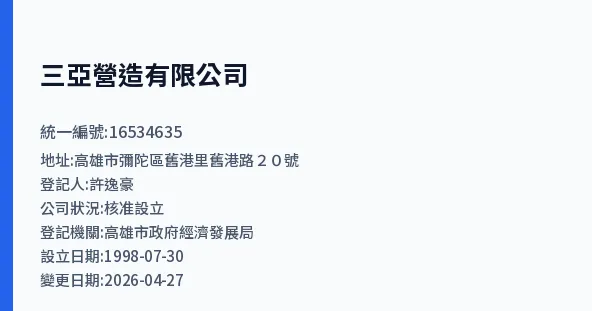三亞營造有限公司的照片-統編 16534635(高雄市) 公司登記資料與營業項目詳細圖表