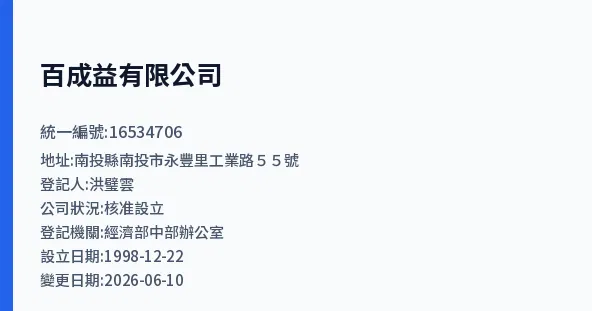 百成益有限公司的照片-統編 16534706(南投縣) 公司登記資料與營業項目詳細圖表