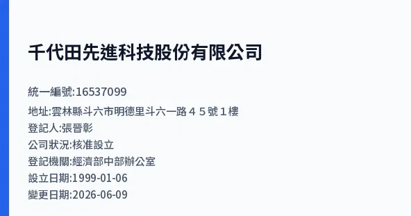 千代田先進科技股份有限公司的照片-統編 16537099(雲林縣) 公司登記資料與營業項目詳細圖表