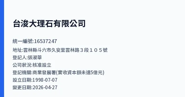 台浚大理石有限公司的照片-統編 16537247(雲林縣) 公司登記資料與營業項目詳細圖表