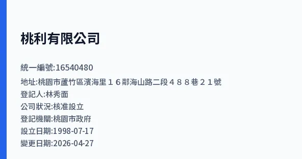 桃利有限公司的照片-統編 16540480(桃園市) 公司登記資料與營業項目詳細圖表
