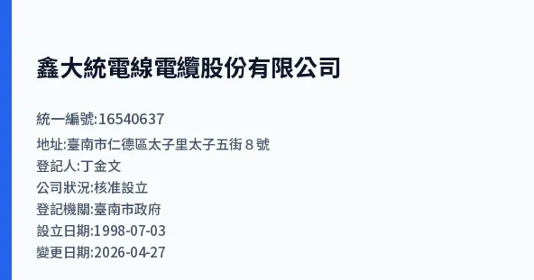 鑫大統電線電纜股份有限公司的照片-統編 16540637(臺南市) 公司登記資料與營業項目詳細圖表