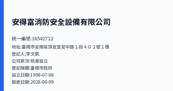 安得富消防安全設備有限公司的照片-統編 16542712(臺南市) 公司登記資料與營業項目詳細圖表