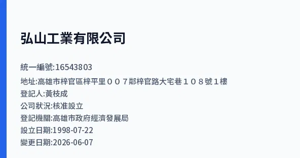 弘山工業有限公司的照片-統編 16543803(高雄市) 公司登記資料與營業項目詳細圖表