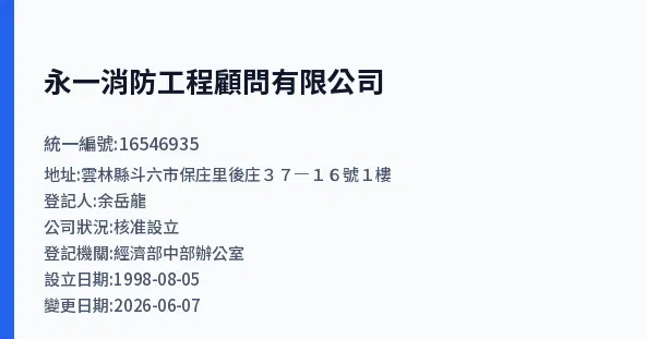 永一消防工程顧問有限公司的照片-統編 16546935(雲林縣) 公司登記資料與營業項目詳細圖表