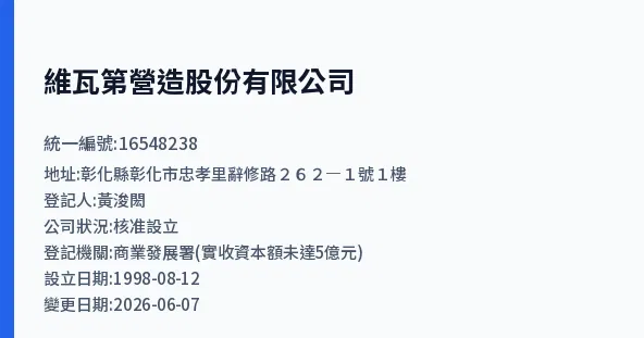 維瓦第營造股份有限公司的照片-統編 16548238(彰化縣) 公司登記資料與營業項目詳細圖表