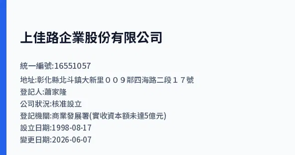 上佳路企業股份有限公司的照片-統編 16551057(彰化縣) 公司登記資料與營業項目詳細圖表
