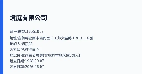 境庭有限公司的照片-統編 16551958(宜蘭縣) 公司登記資料與營業項目詳細圖表