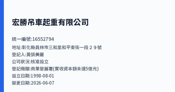宏勝吊車起重有限公司的照片-統編 16552794(彰化縣) 公司登記資料與營業項目詳細圖表