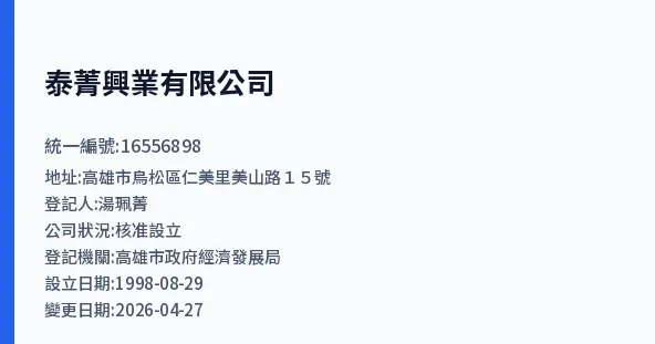 泰菁興業有限公司的照片-統編 16556898(高雄市) 公司登記資料與營業項目詳細圖表