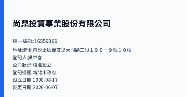 尚鼎投資事業股份有限公司的照片-統編 16559369(新北市) 公司登記資料與營業項目詳細圖表