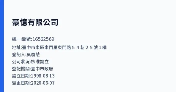豪憶有限公司的照片-統編 16562569(臺中市) 公司登記資料與營業項目詳細圖表