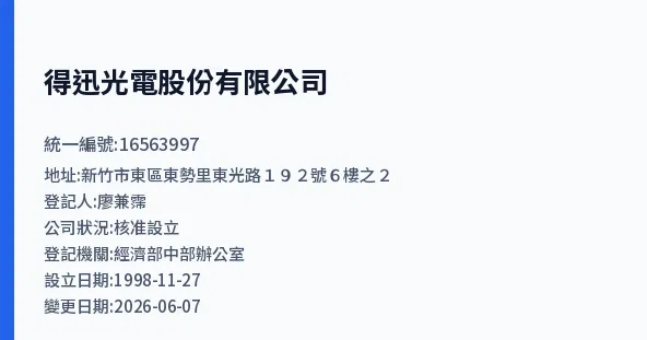 得迅光電股份有限公司的照片-統編 16563997(新竹市) 公司登記資料與營業項目詳細圖表