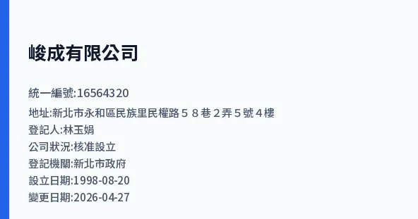峻成有限公司的照片-統編 16564320(新北市) 公司登記資料與營業項目詳細圖表